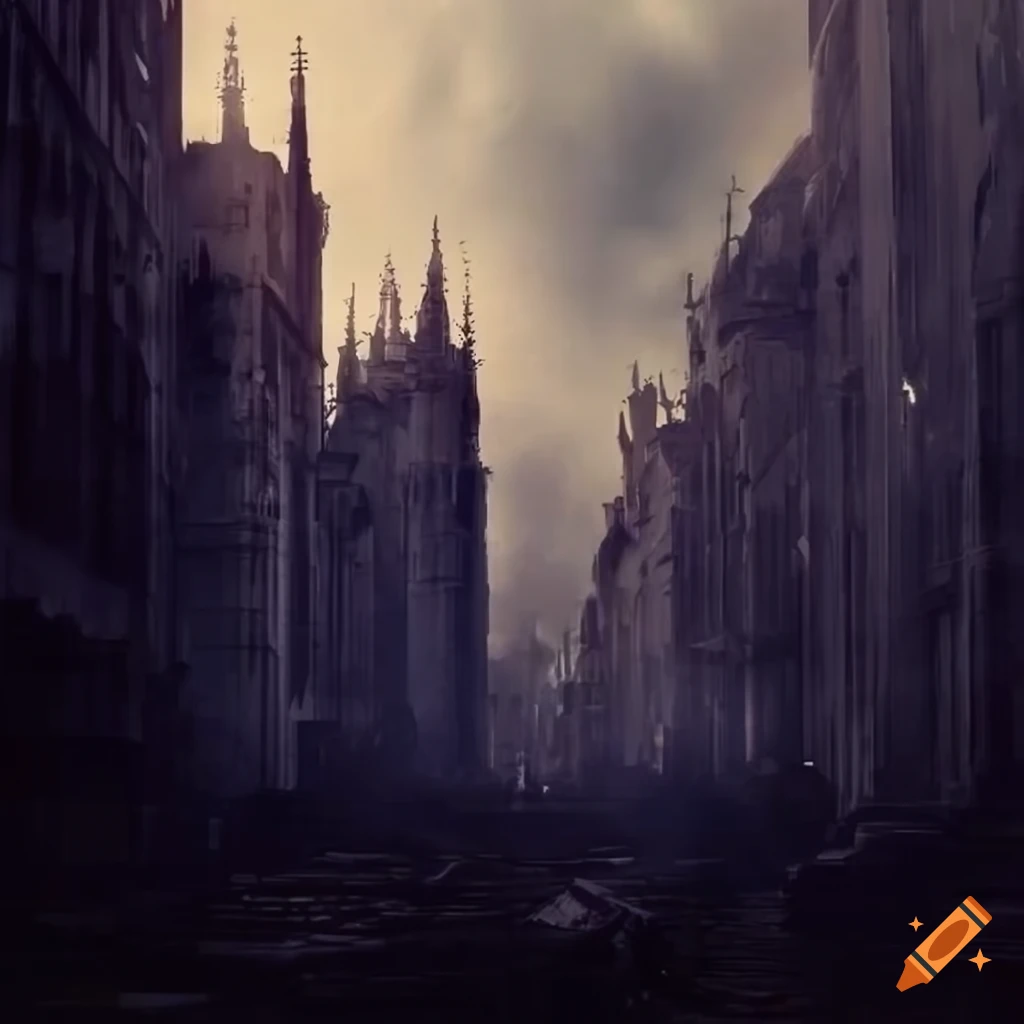 Gothic city street ruin lots of skyscrapers on Craiyon