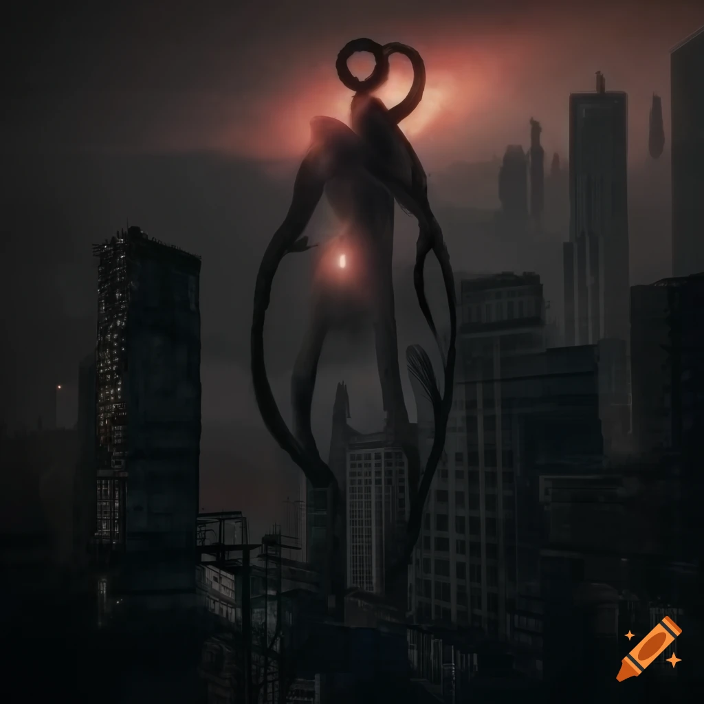 A octopus man with a mysterious aura, standing atop a post-apocalyptic ...