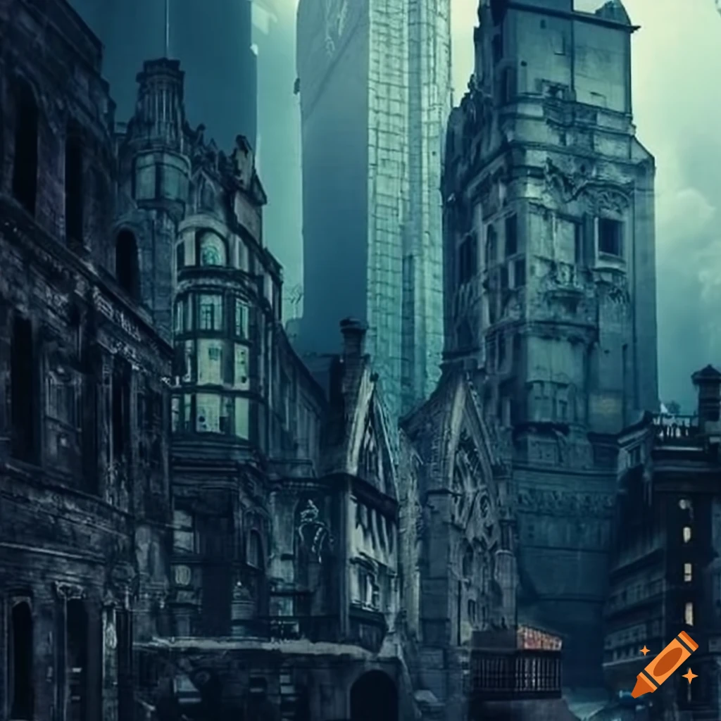 Gothic city street ruin lots of skyscrapers