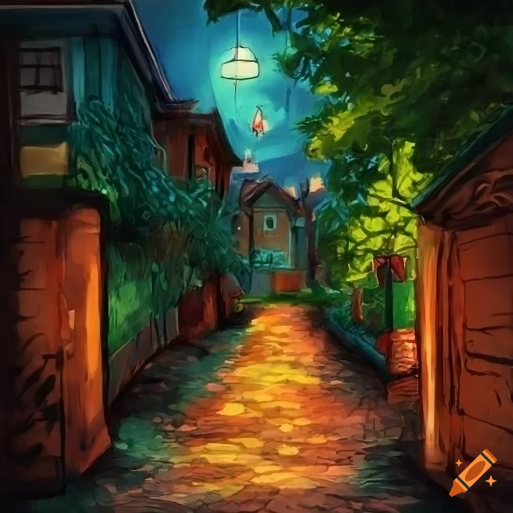 Drawing, detailed,realistic, neighborhood, fenced gardens, street with ...