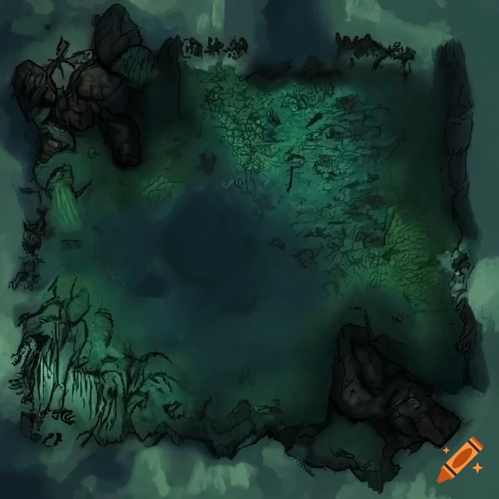 Top-down map of a dark swamp for rpg adventures with a clearing in the ...