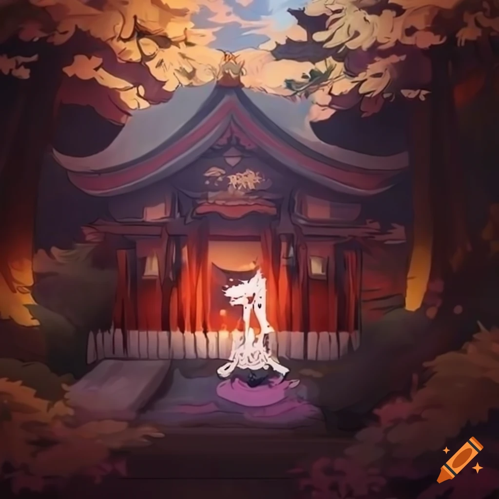 A mystical kitsune relaxing at a serene shrine on Craiyon
