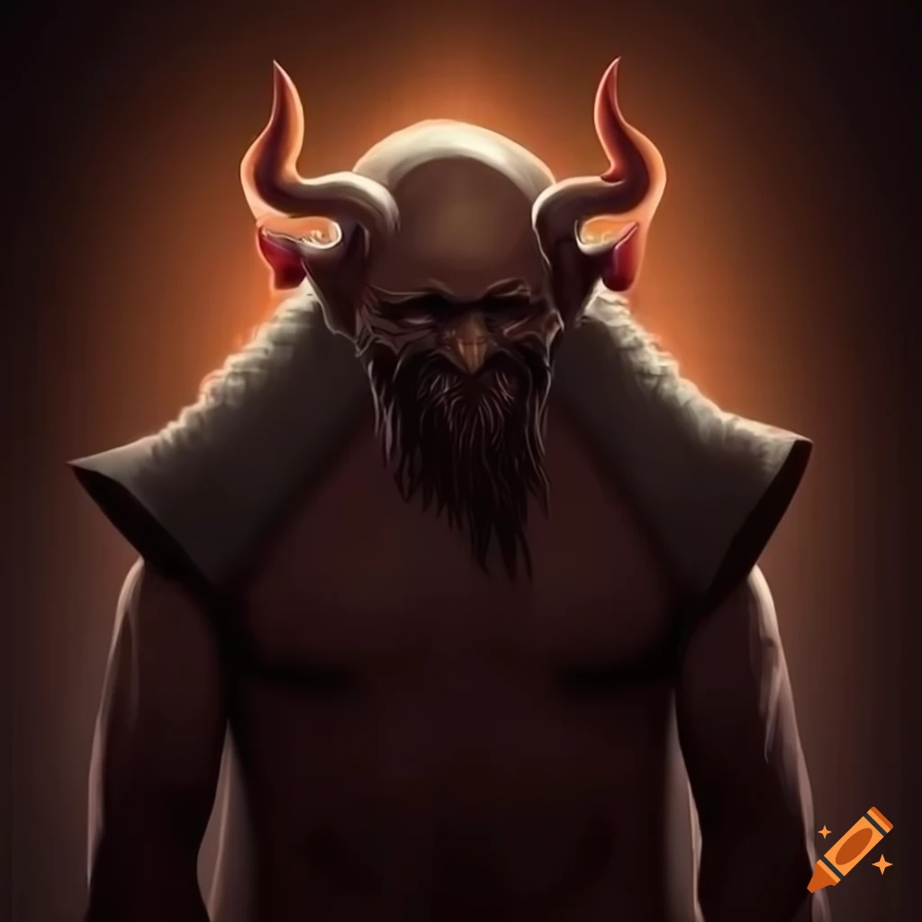 A bearded balding demon with horns within the shadows on Craiyon