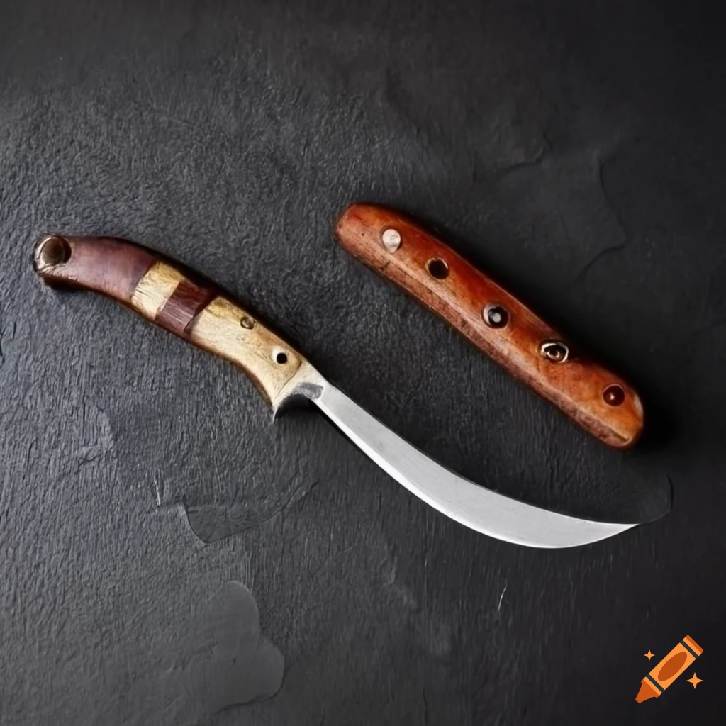 A knife with an extremely curved blade and a very pointed tip on Craiyon