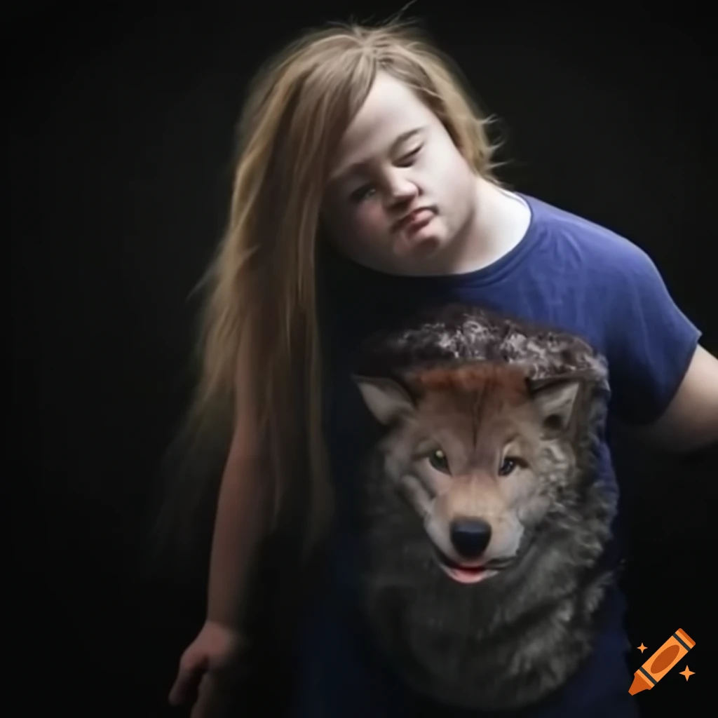 Down syndrome stratovarius wearing wolf t-shirts on Craiyon