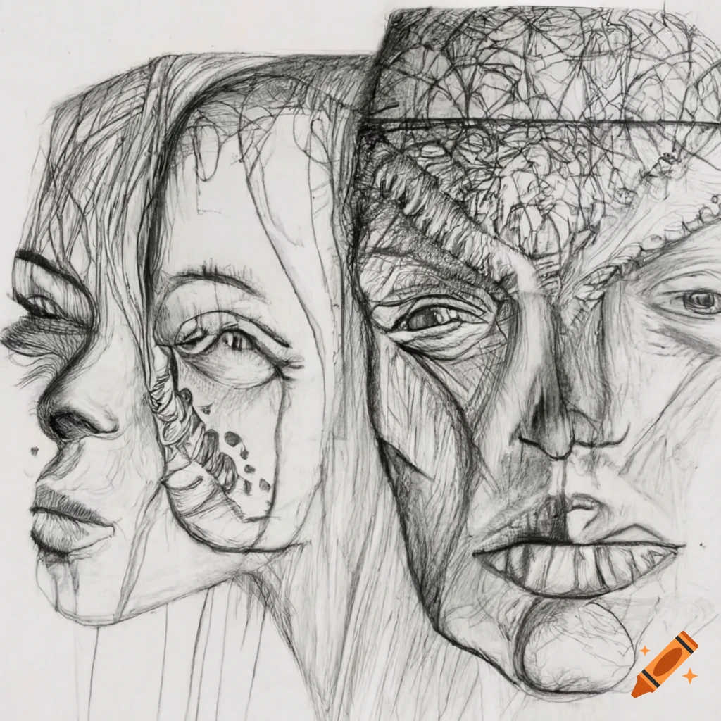 Pencil sketch of multiple intricate faces in the style of lynd ward