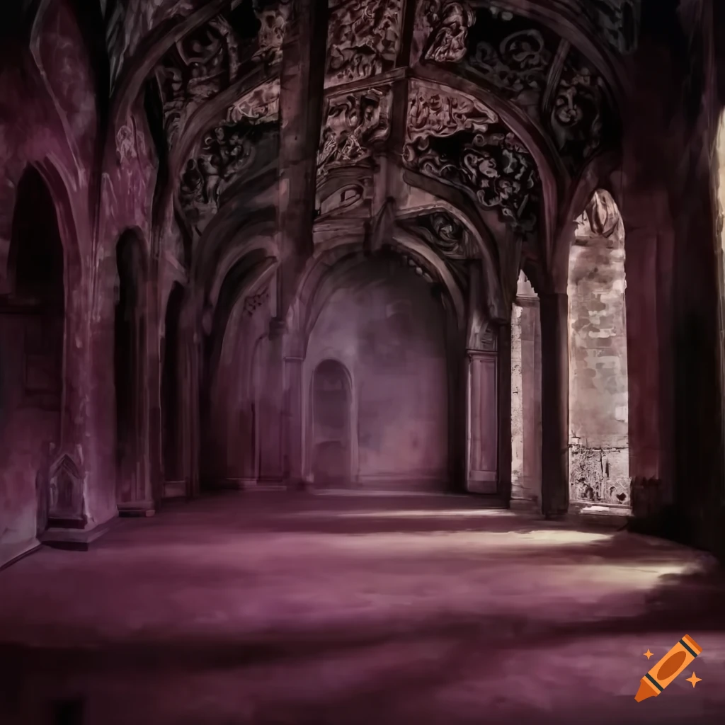 Watercolor inside a dark gloomy foggy hall of abandoned Chinese castle ...