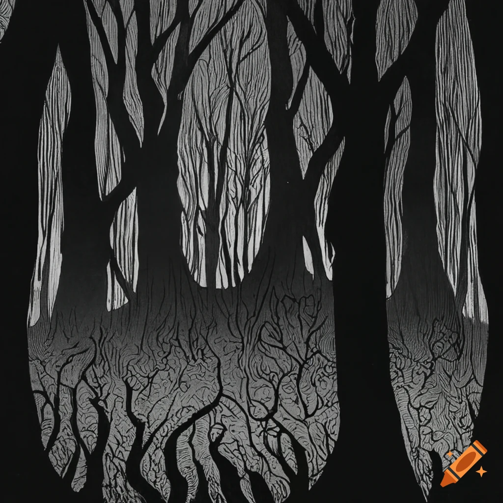 A dark forest drawn by harry clarke on Craiyon
