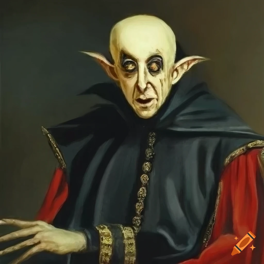 Nosferatu wearing royal robes in a medieval castle hallway; neoclassist ...