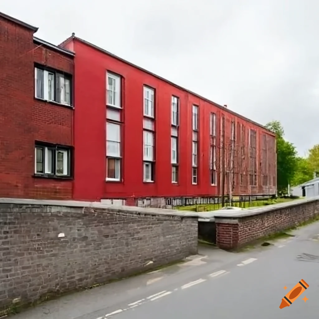 Grey and brown with a small bit of red two storey school buildings with ...
