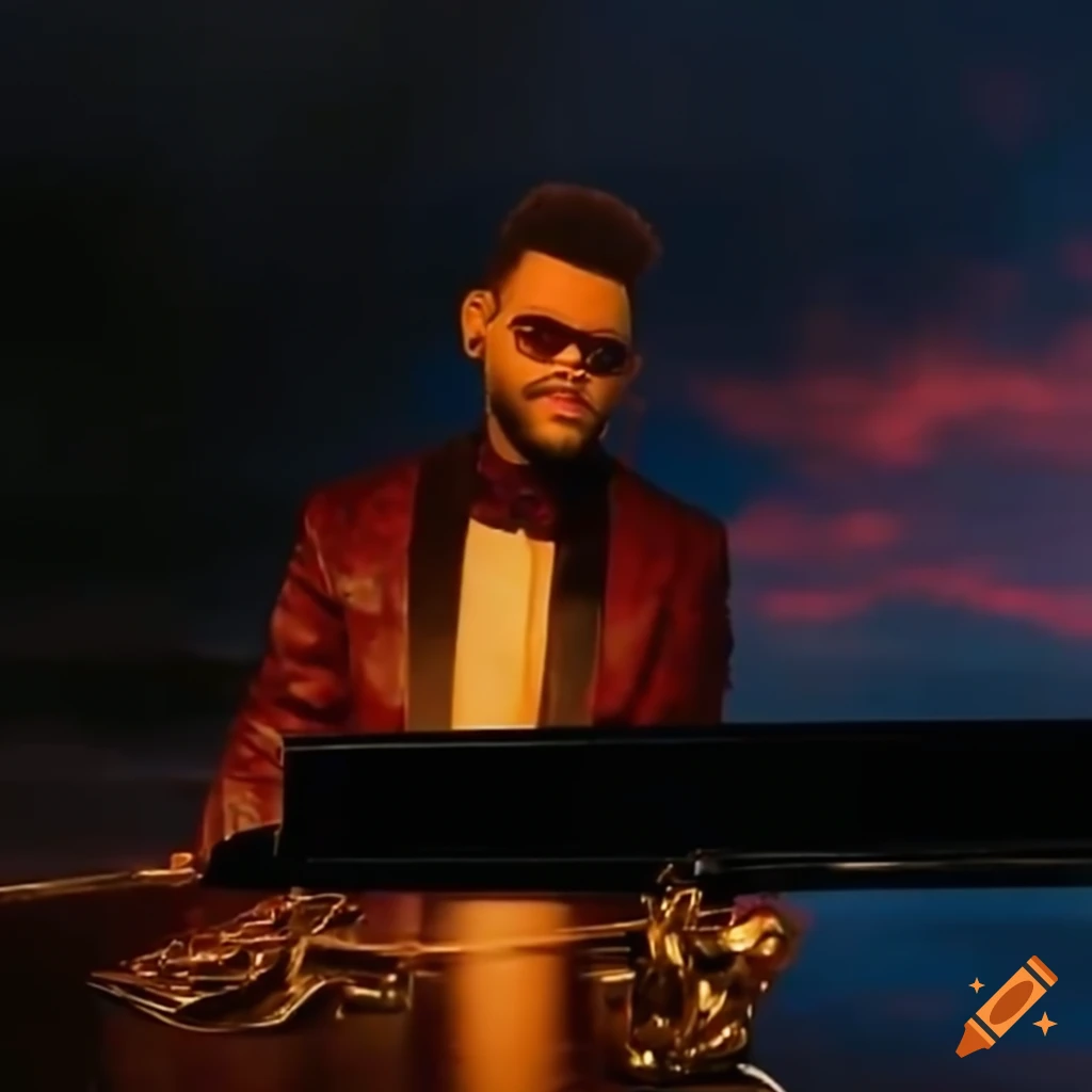 The weeknd plays a golden piano at sunset on Craiyon