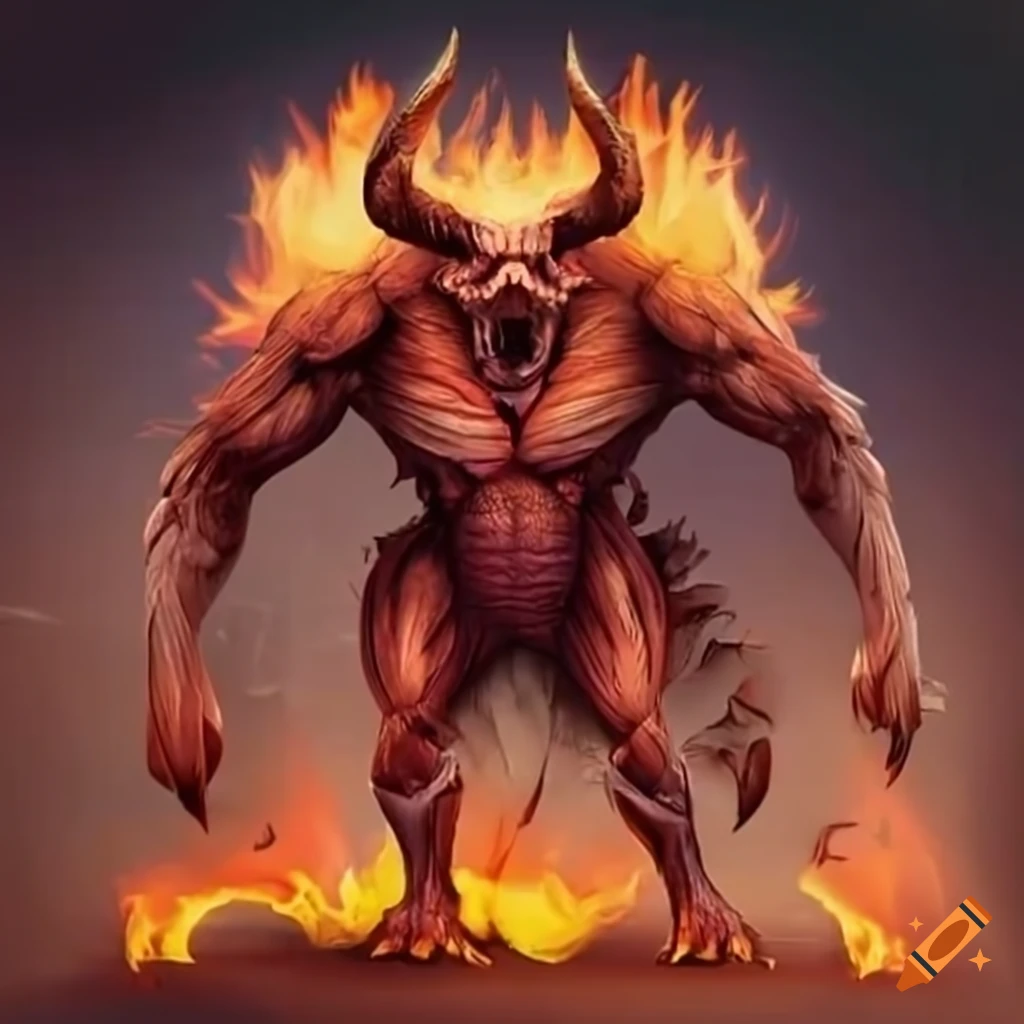 A fiery horned creature flexing its muscles