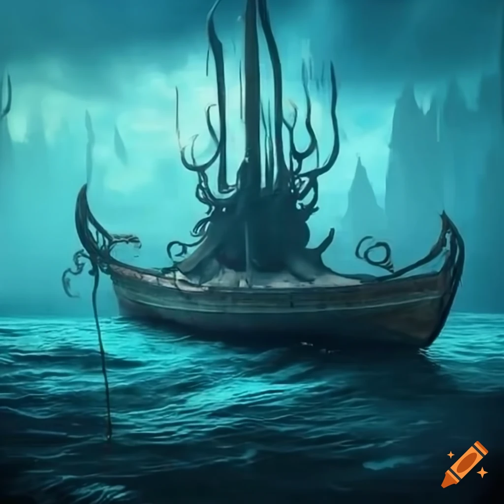 Row boat 6 passengers lovecraftian sea ship in the distance on Craiyon