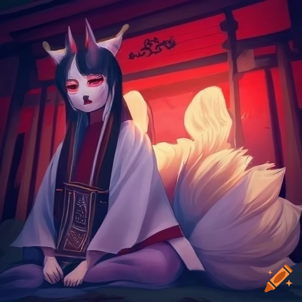 A mystical kitsune relaxing at a serene shrine on Craiyon