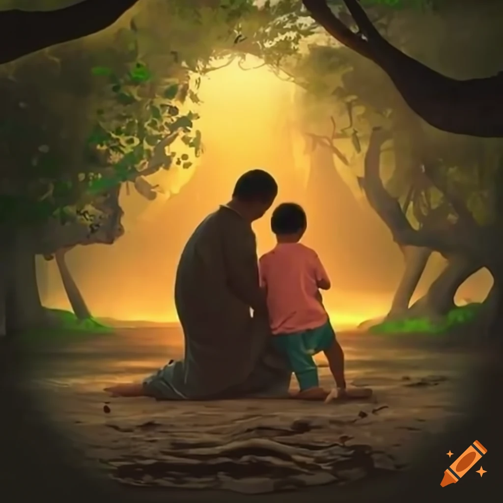 One father and son is sitting under the banyan tree and his father is ...
