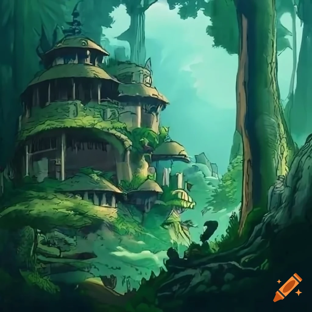 Expanding castle in jungle forest, ghibli