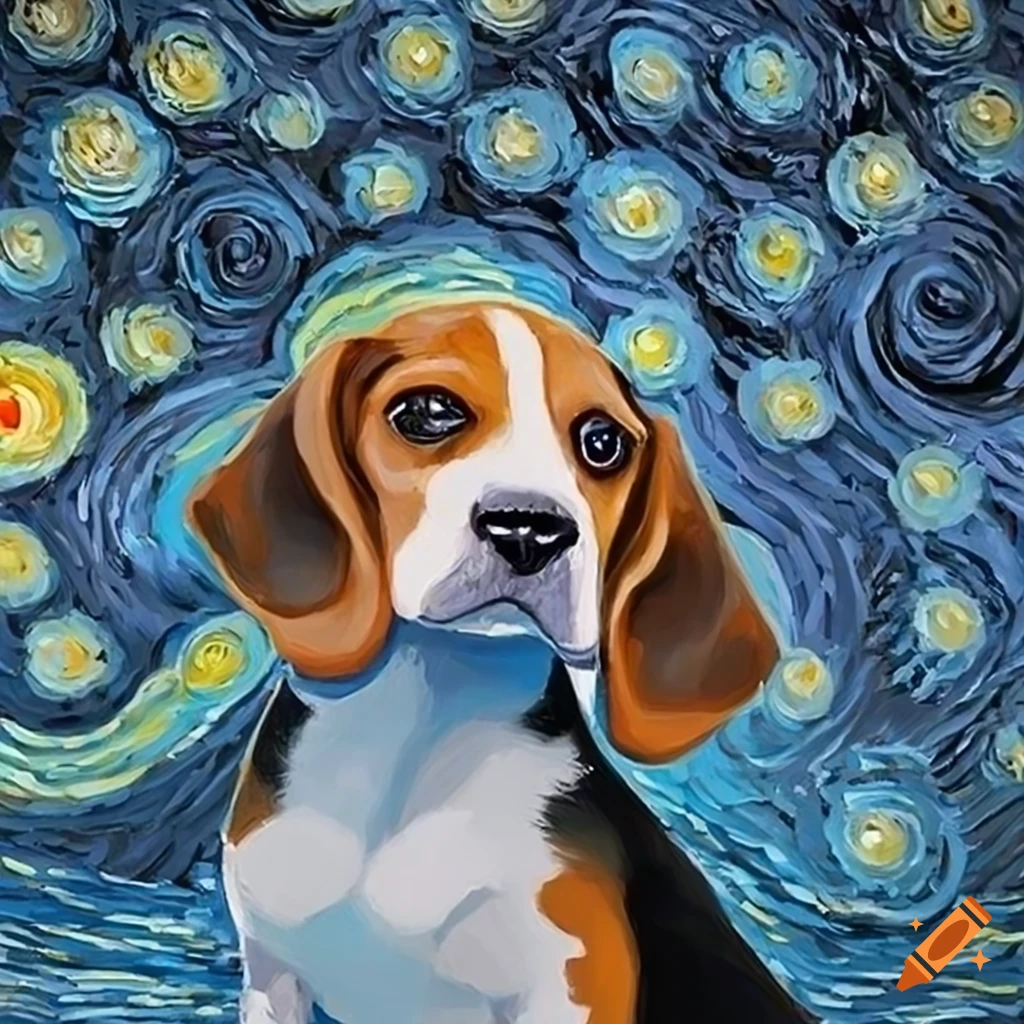 Hyper detailed painting of a beagle puppy in starry night-style on Craiyon