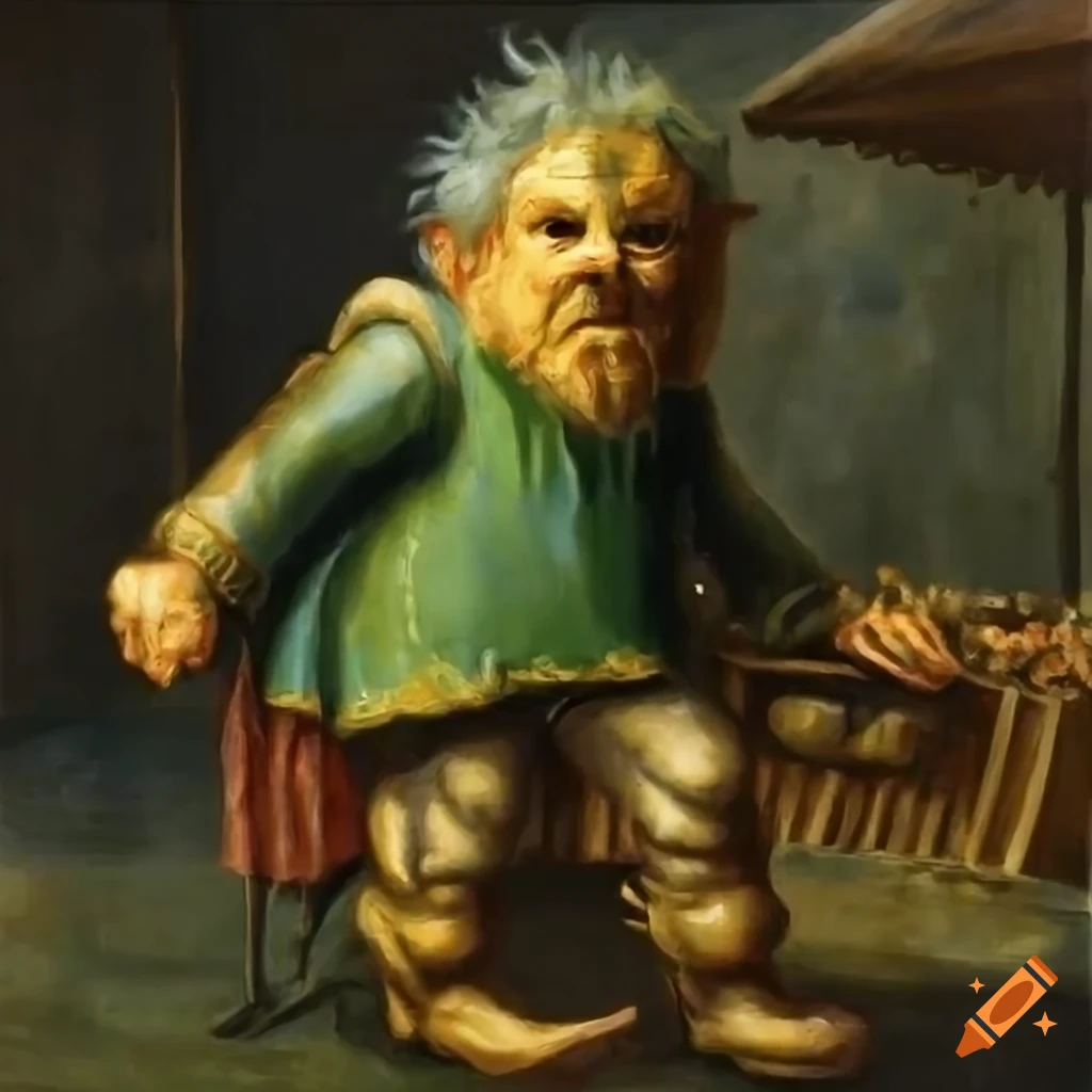 Elderly pudgy halfling wearing peasant clothes walking through a bright ...