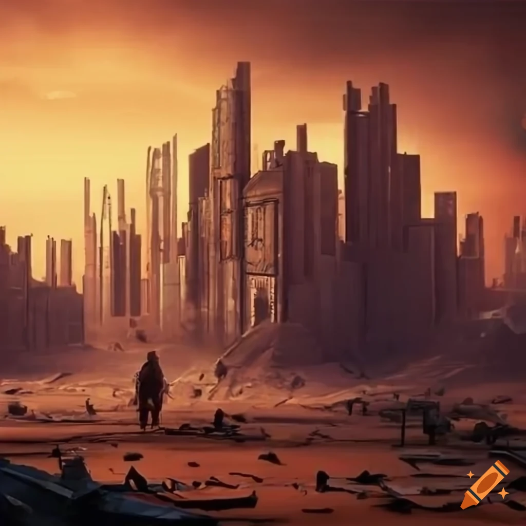 Dystopian nuclear desert wasteland , nomad camp , destroyed city ...