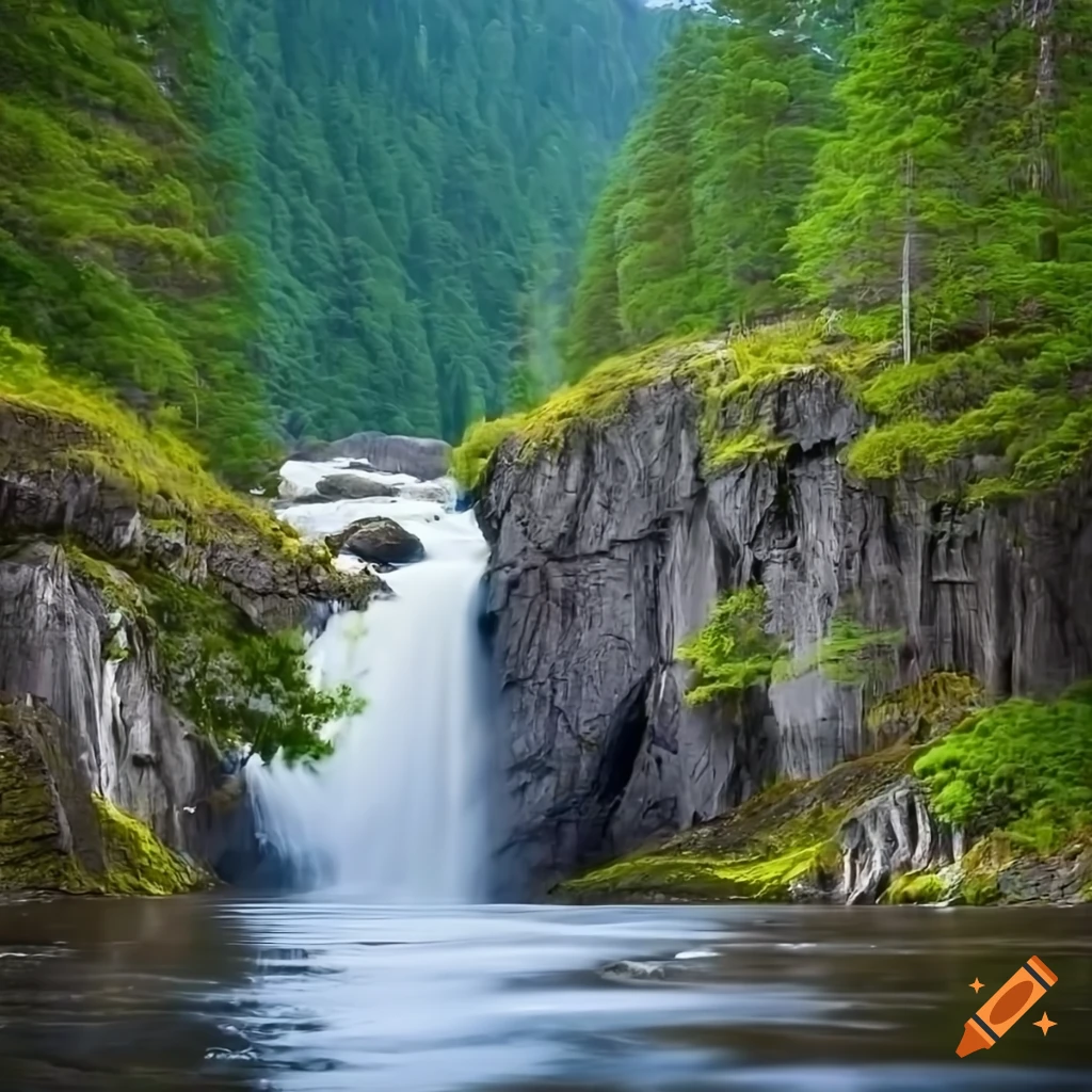 Fantasy summer in norway forrest brook falling water from five cliffs view puddles in cliffs ...
