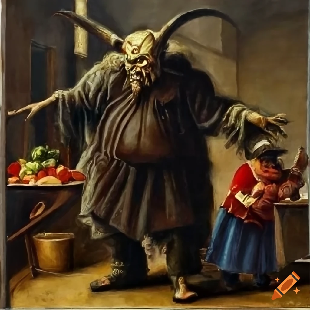 Obese krampus with a huge belly wearing peasant clothes walking through ...