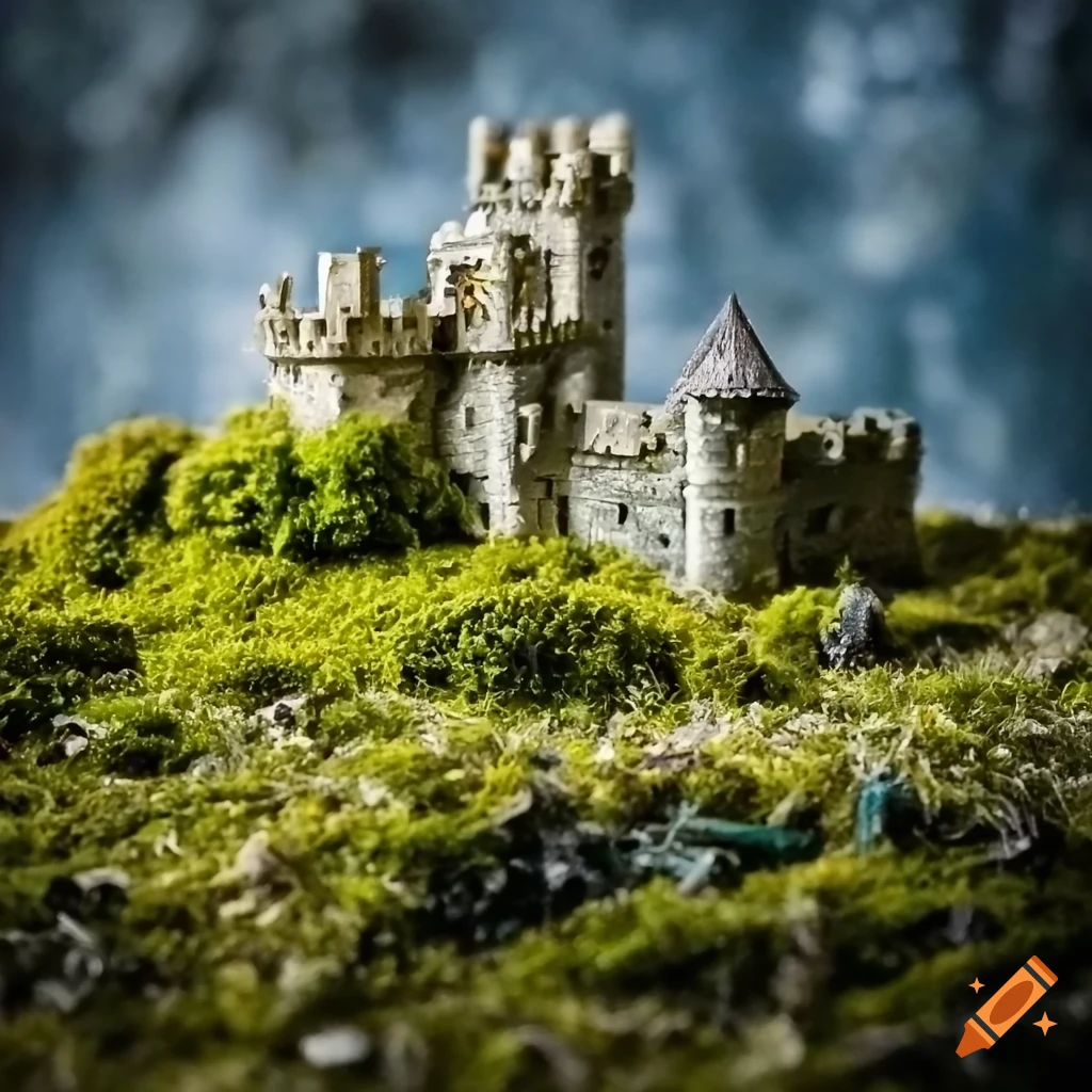 A castle surrounded by moss, diorama, miniature on Craiyon