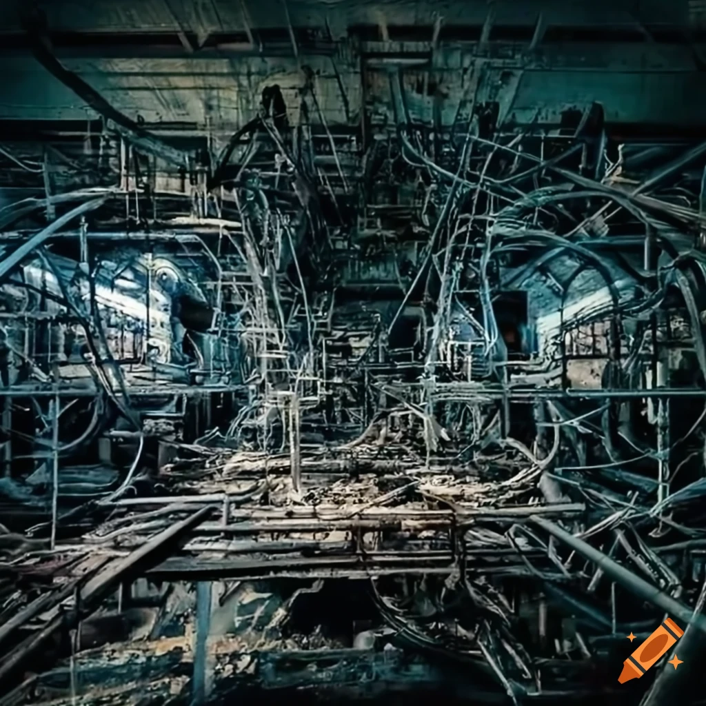Complex network of wires and pipes in an abandoned industrial setting ...