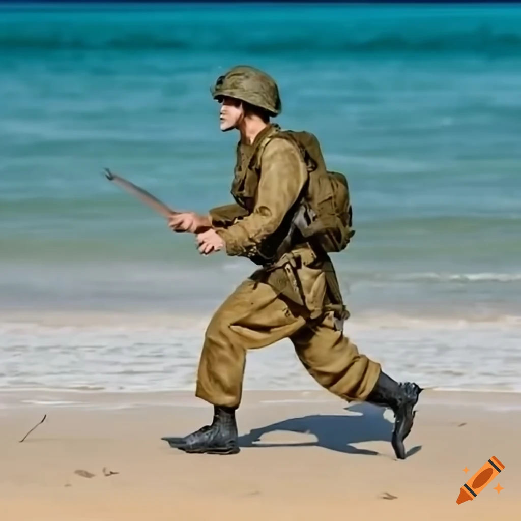 A ww2 soldier runs on a beach. high quality on Craiyon