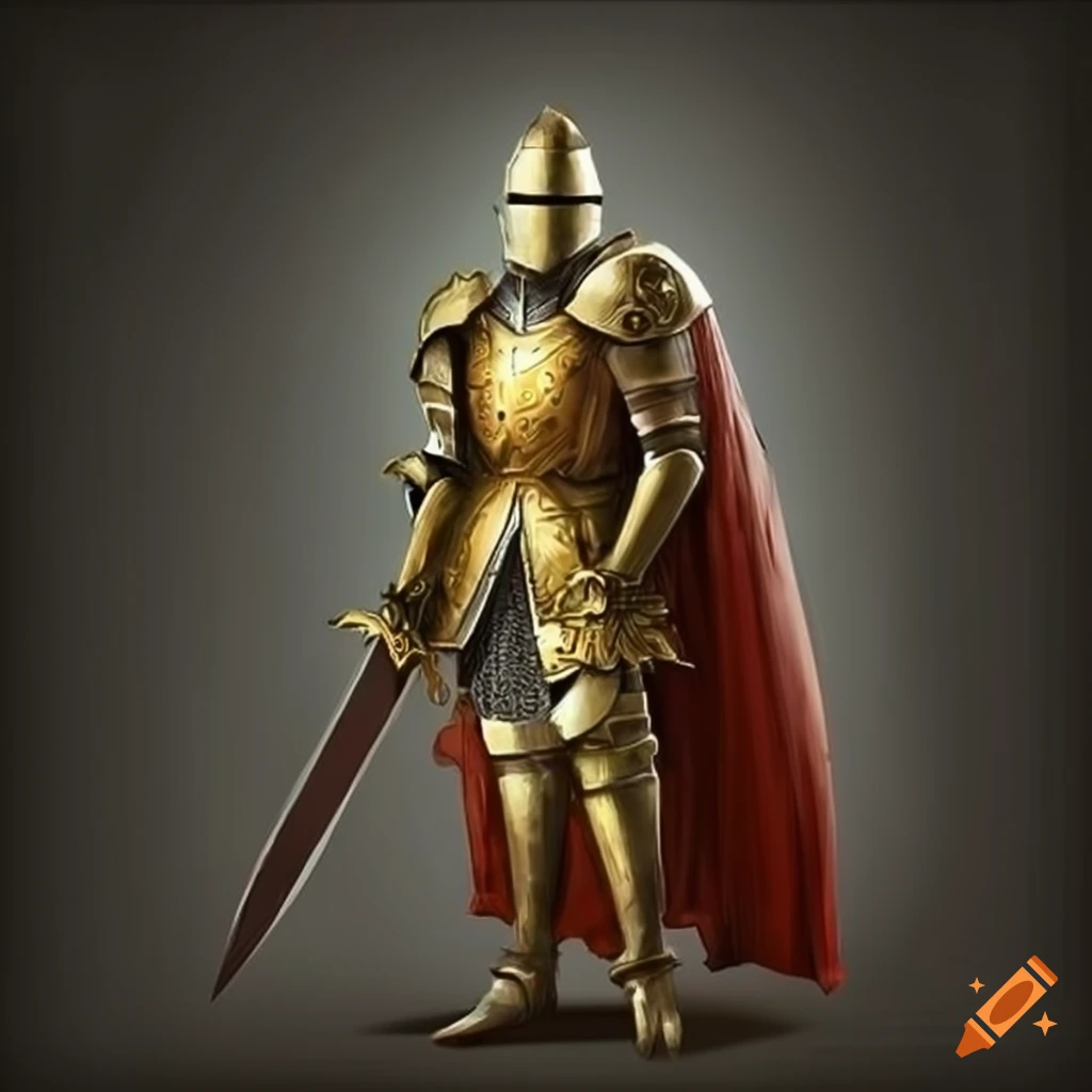 Fantasy knight wearing golden armor, holding a really big sword