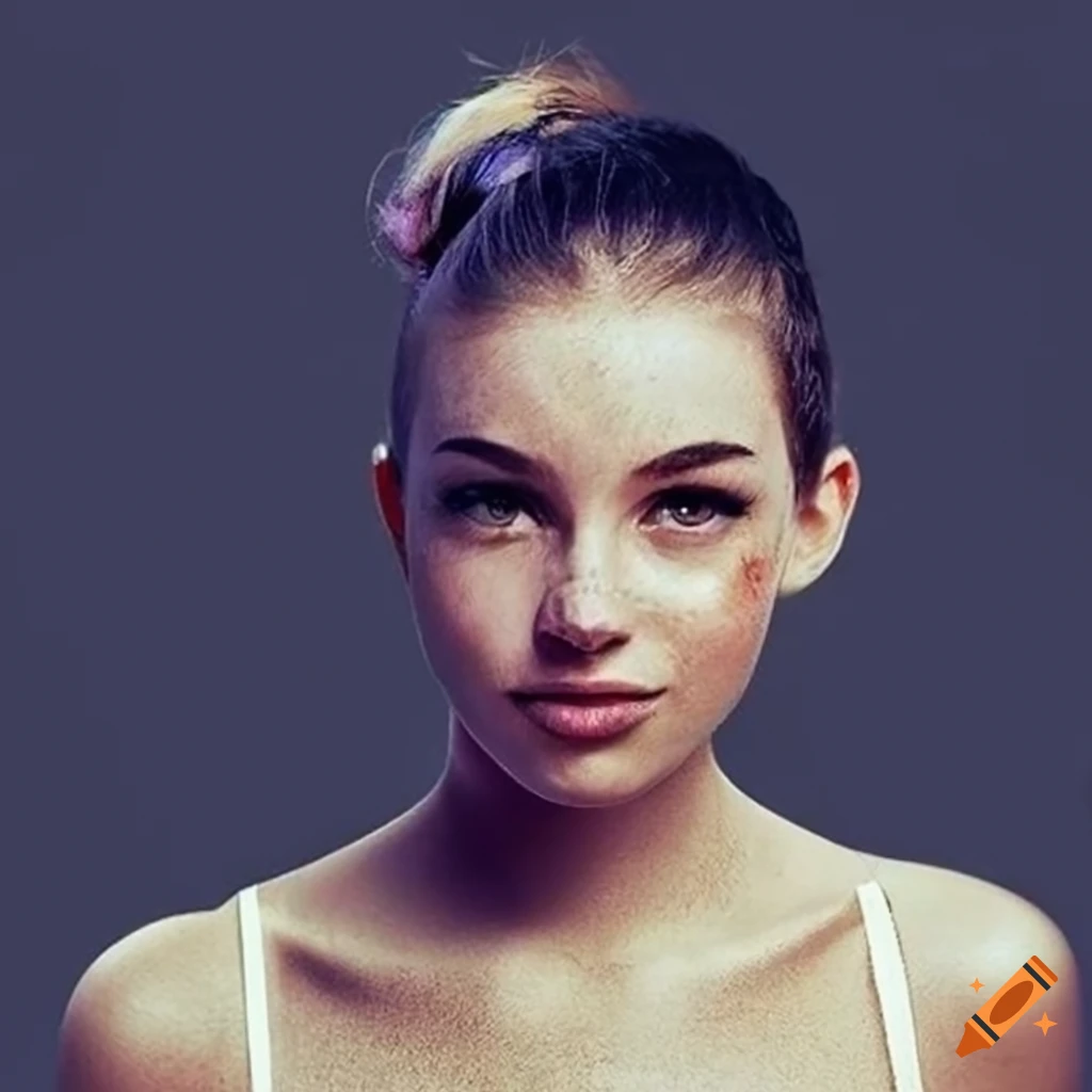 Pretty young woman delicate freckles shy smile wavy dark hair ponytail ...