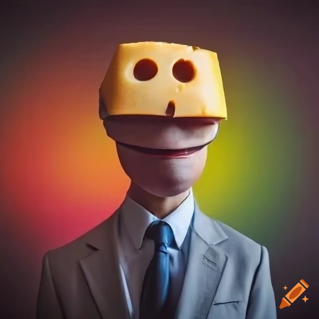 A man with a head made of cheese wearing a business suit, colorful ...