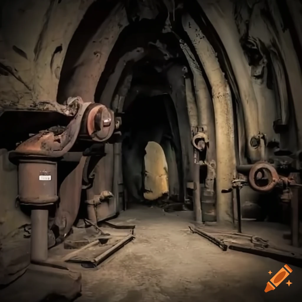 Old industrial machinery inside a mysterious cave on Craiyon