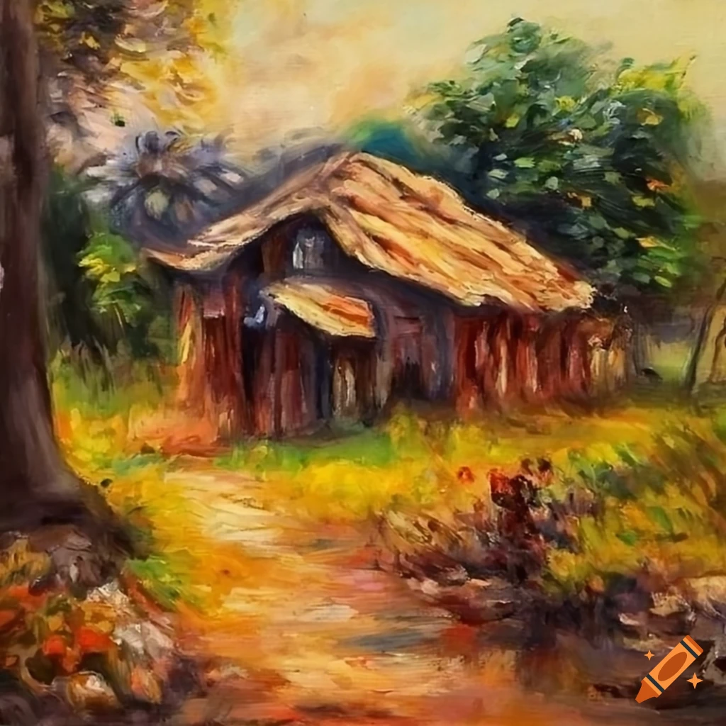 Indian poor house on india countryside in renoir style oil painting