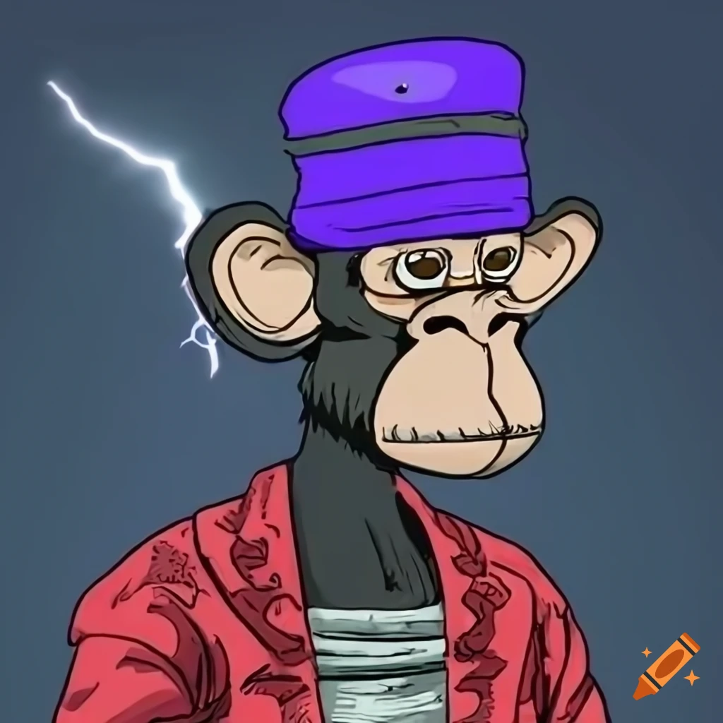 An nft bored ape style monkey in the crypto universe with a lightning ...