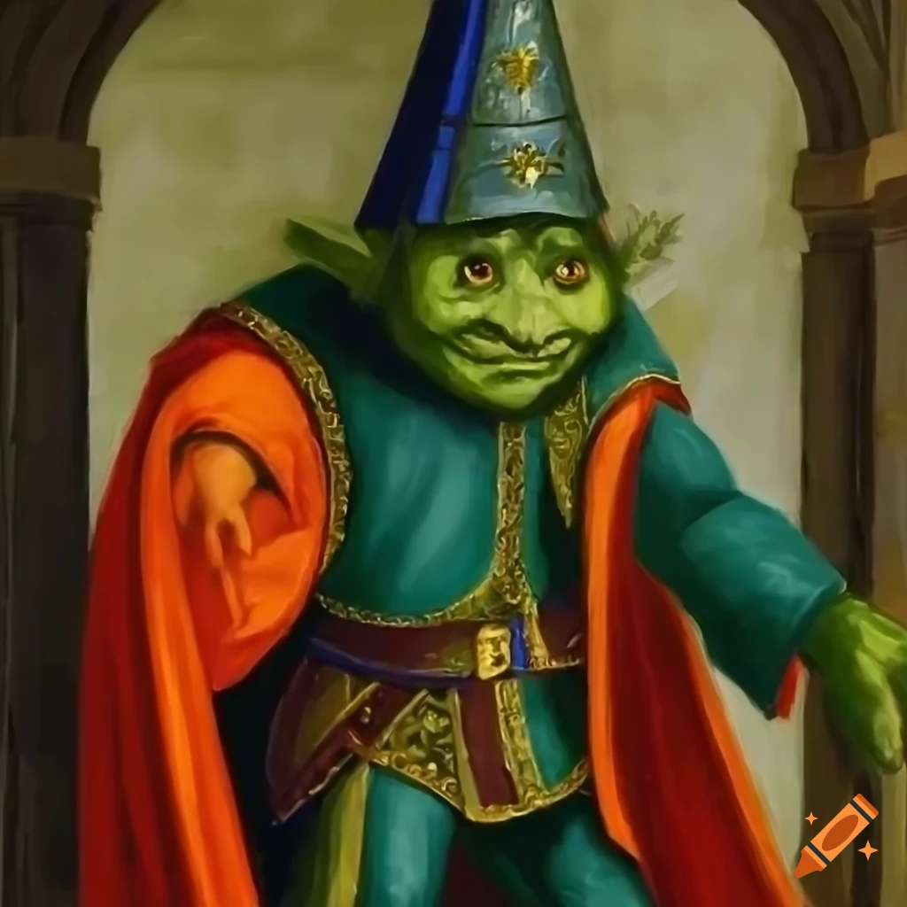 Troll wearing bright royal robes walking down a bright medieval castle ...