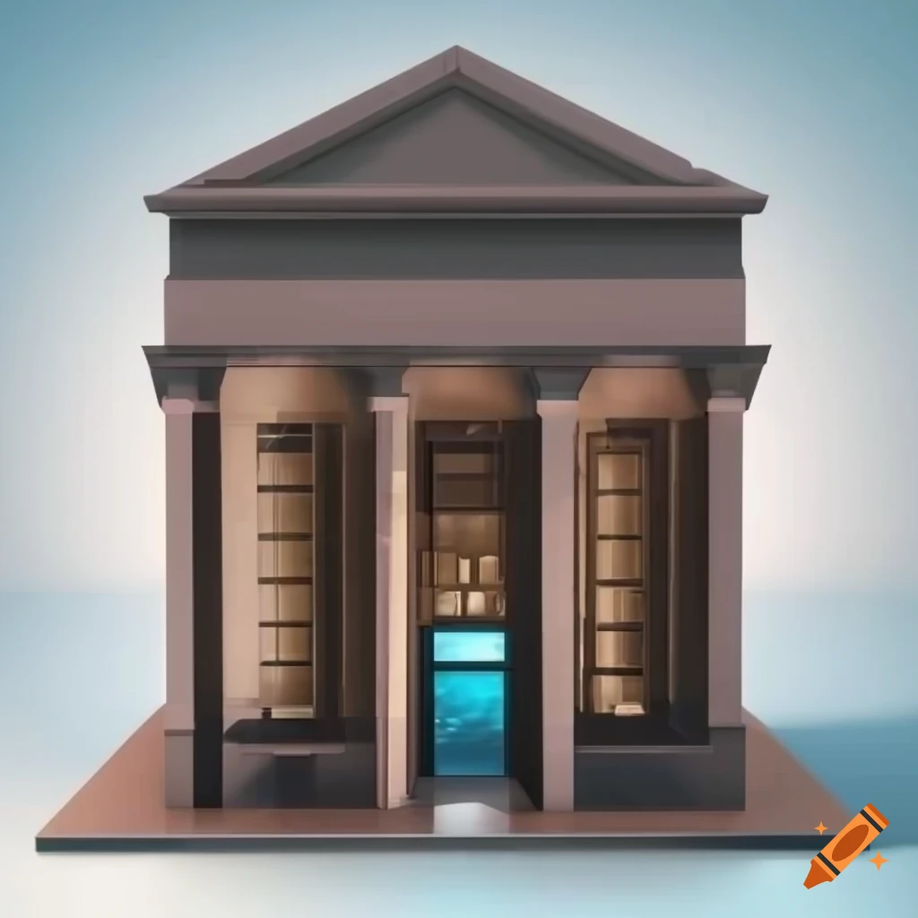 3d model of a modern low poly bank model with exterior and interior ...