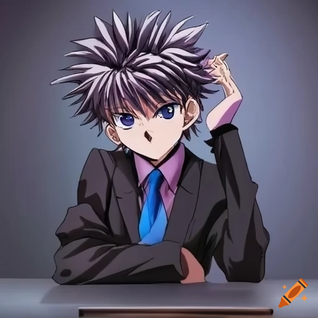 Killua wearing a black suit with a blue tie sitting behind a office ...