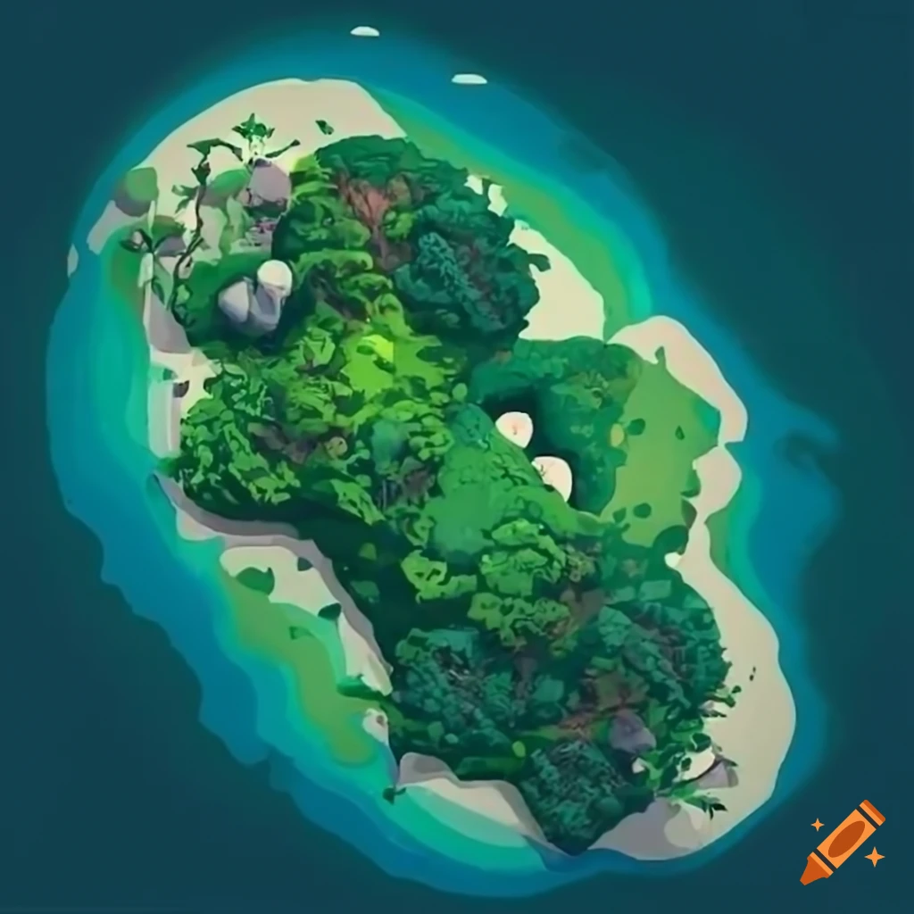Lush archipelago with ruins, vectoriel style