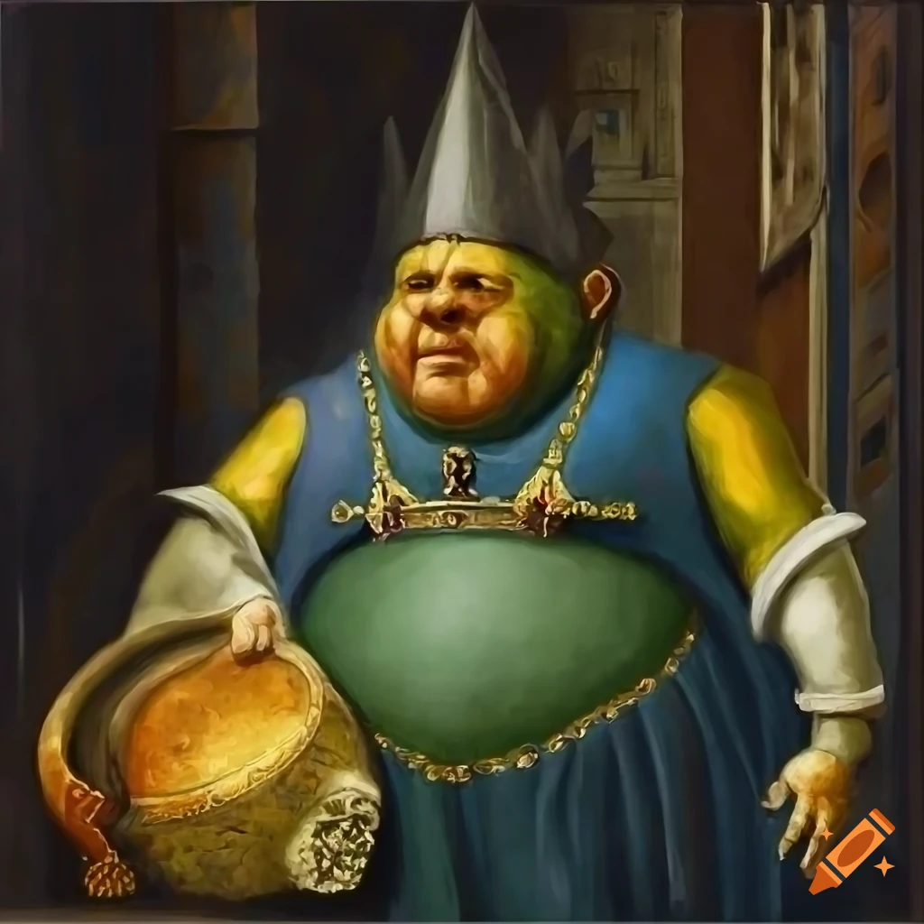 Obese troll with a huge belly wearing bright royal robes walking down a ...
