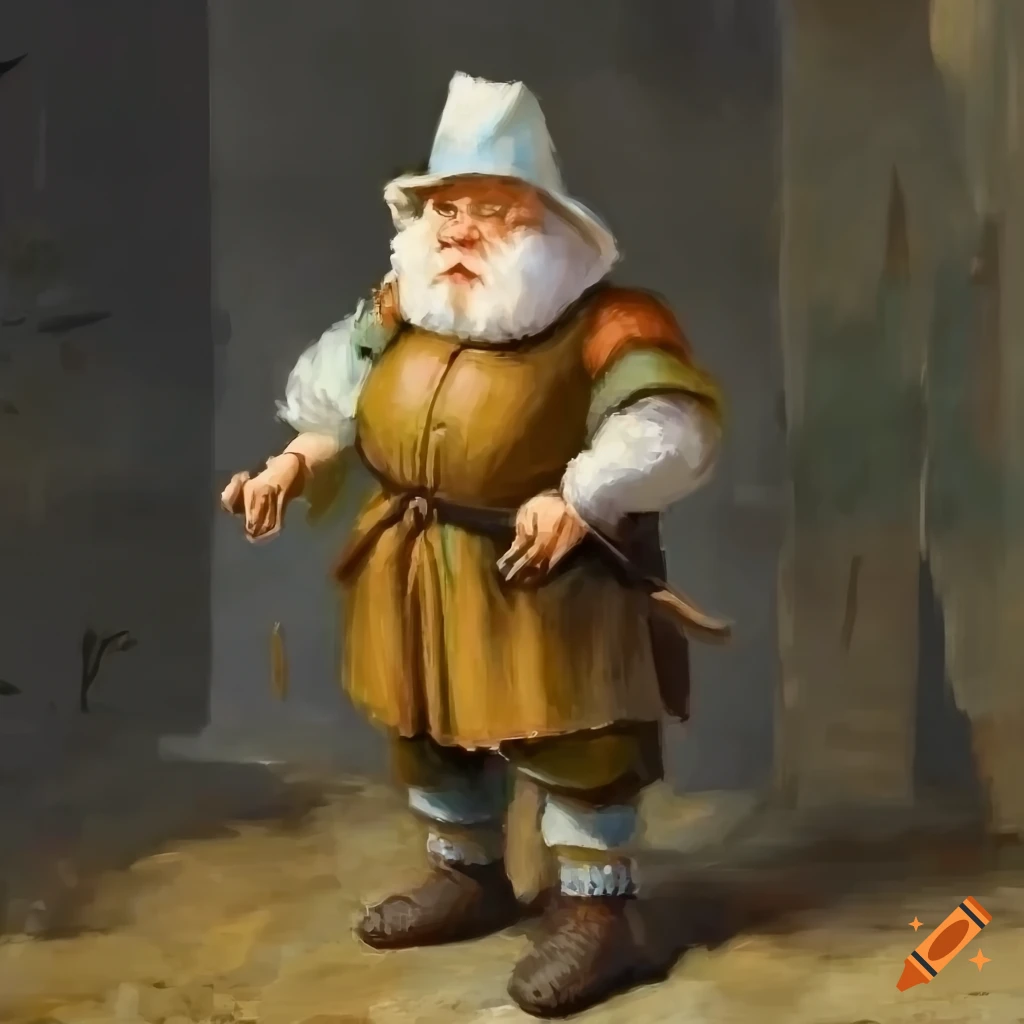 Fat dwarf wearing peasant clothes walking through a bright medieval ...