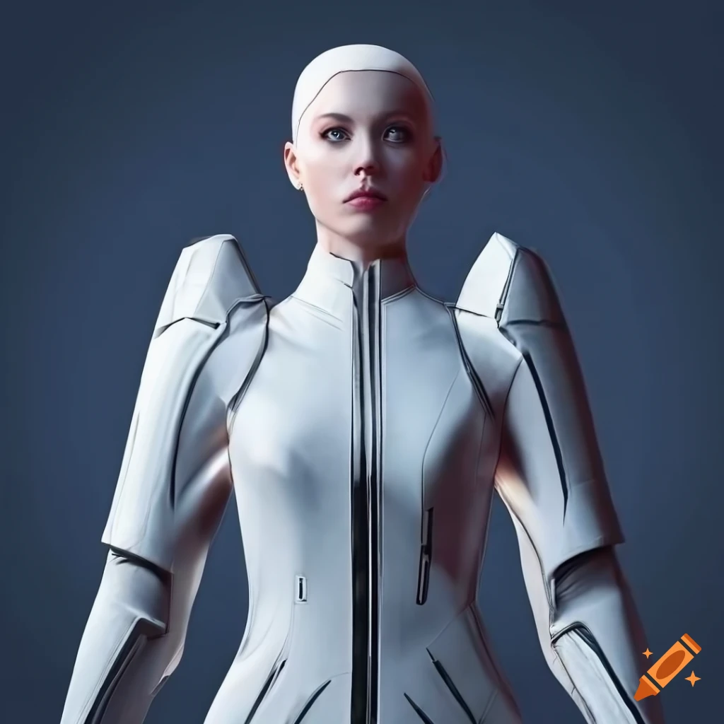 Futuristic jacket for woman, white detailed light armour, sleek, art ...