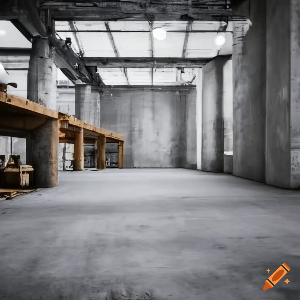 Create an industrial factory space which is in concrete. use green and ...