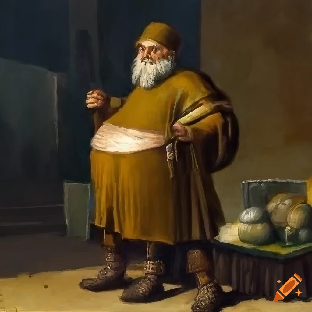 Obese dwarf with a huge belly wearing peasant clothes walking through a ...