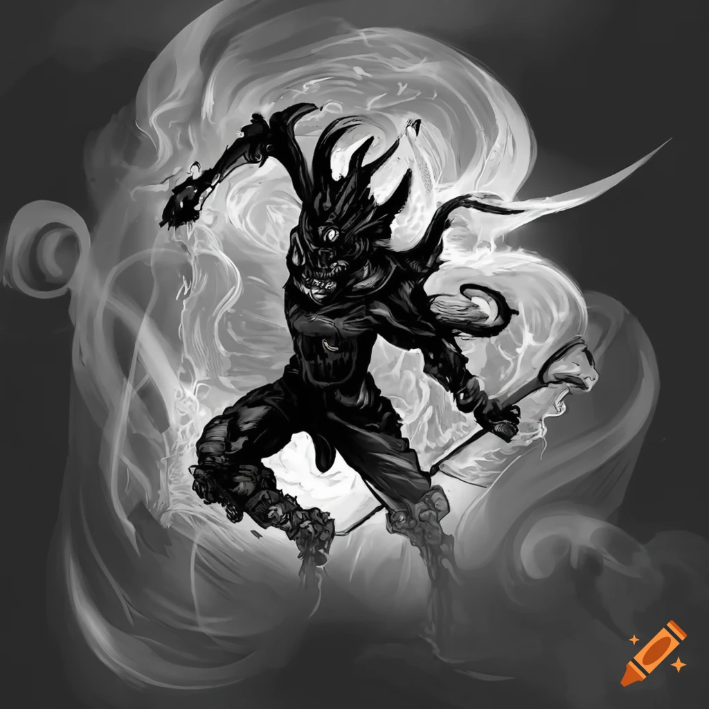 Black and White Comic book splash page of a glowing demon warrior flying through a swirling mist ...