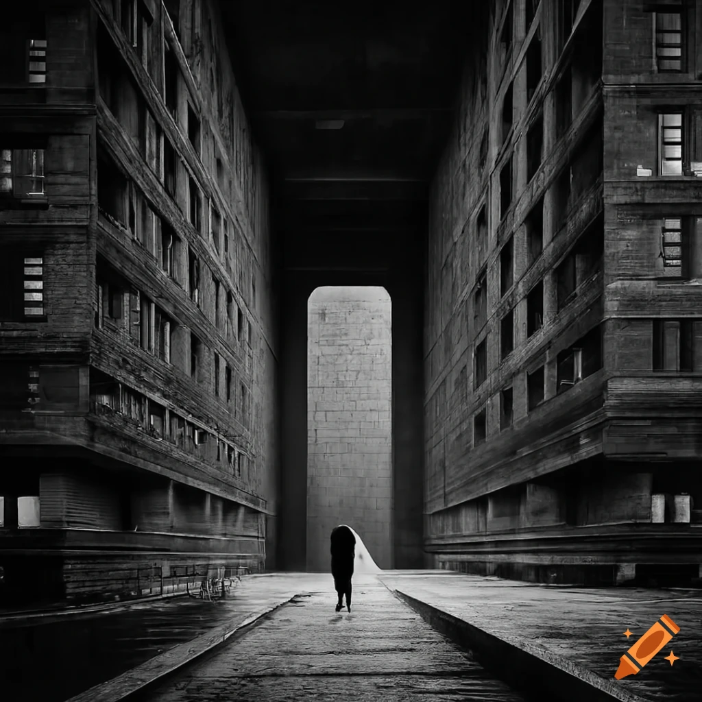 Dystopian massive inhuman scale brutalism architecture that looks lonely on black and white