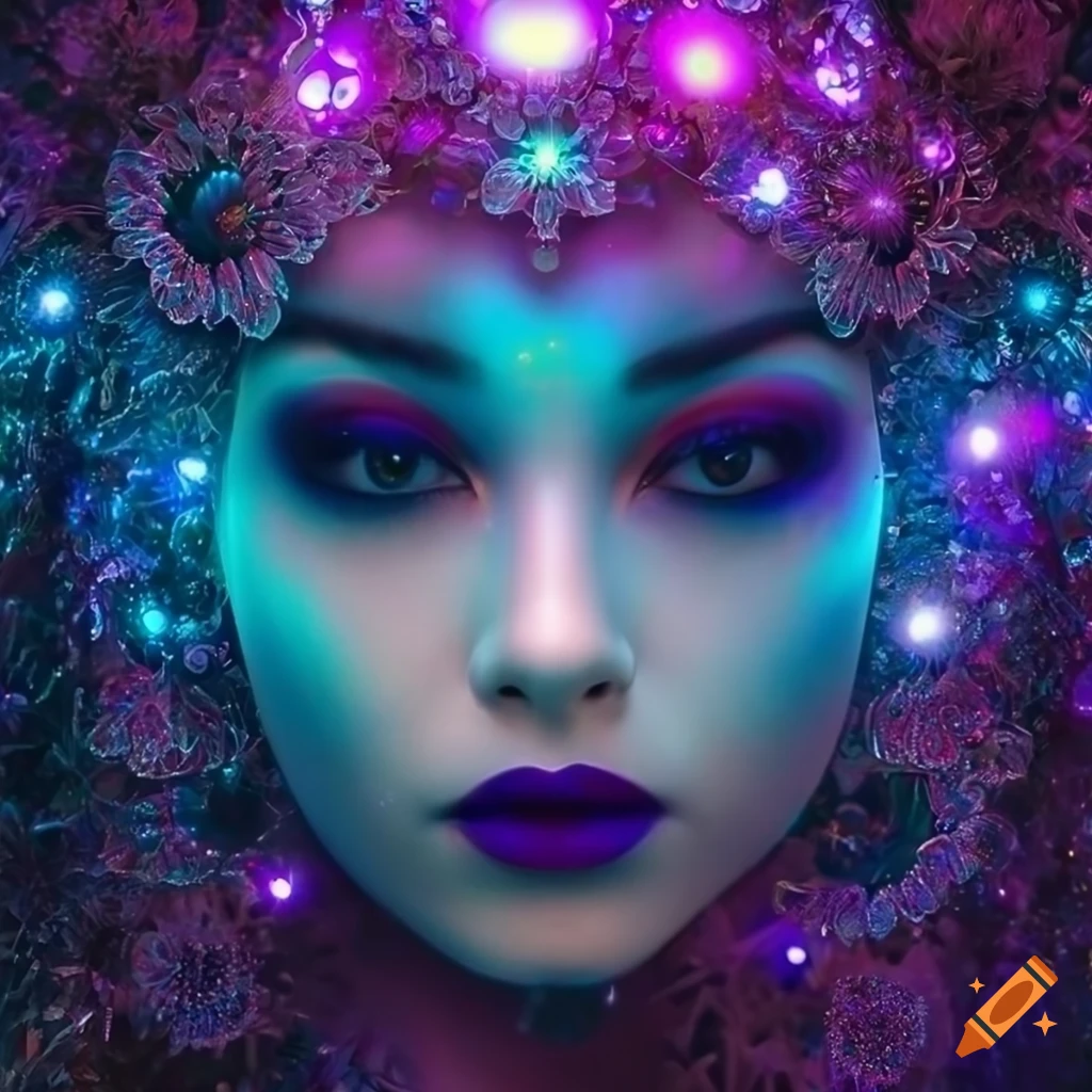 Remarkable portrait of a ethereal maiden adorned with flowers and light ...