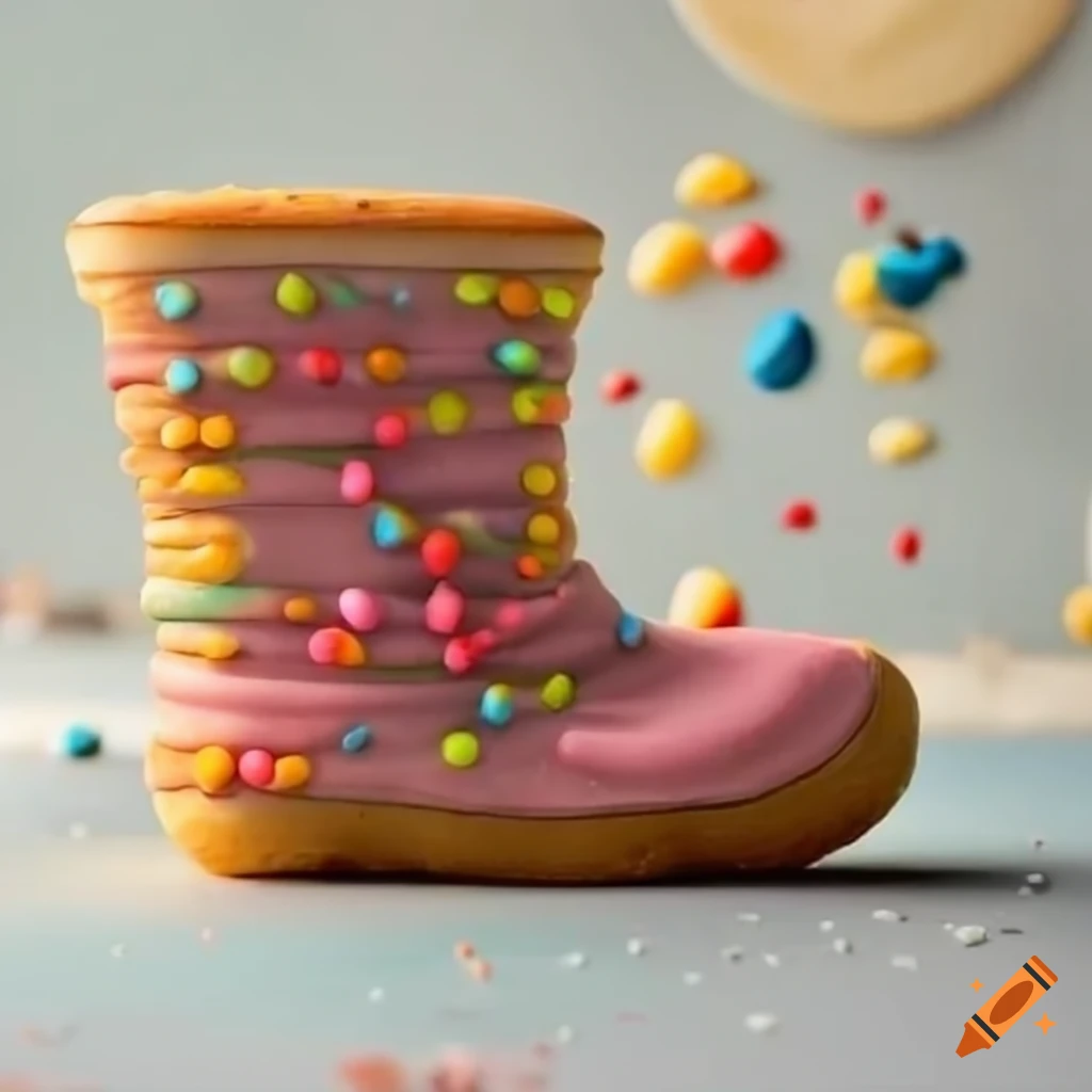 Homemade flat boot shaped cookies with icing and sweets on top on Craiyon