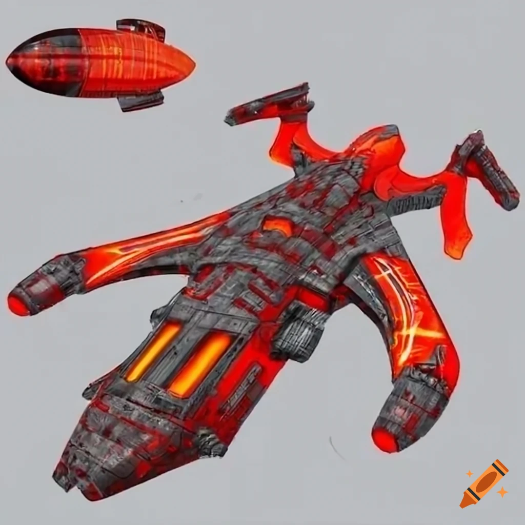 Red starship with round bulbous wings flying over lava and volcanos on ...