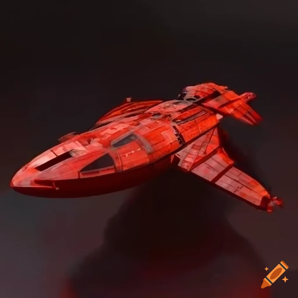 Red starship with round bulbous wings flying over lava and volcanos on ...