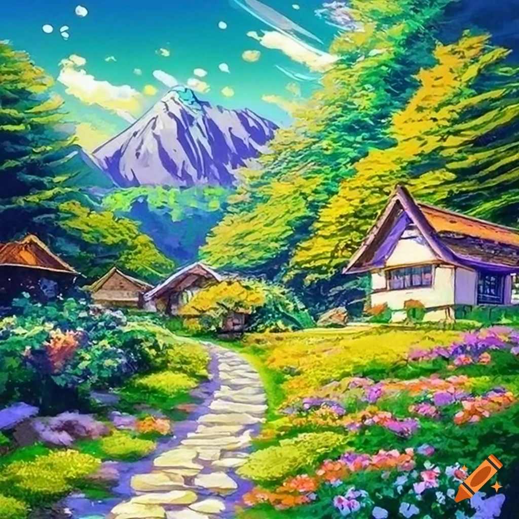 Beautiful anime style, cozy countryside house, with a stone path ...